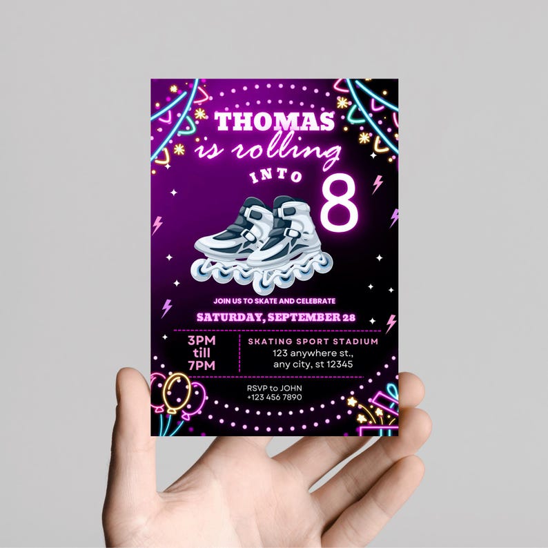 Editable Roller Skating Invitation Glow Party Birthday Invitation Glow ...