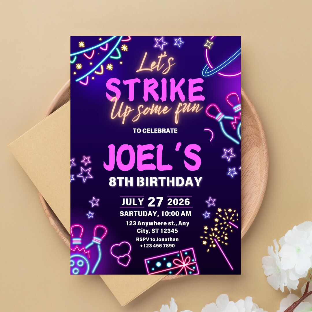 Neon Glow Arcade & Bowling Party Invitation Gaming Bowling Birthday ...
