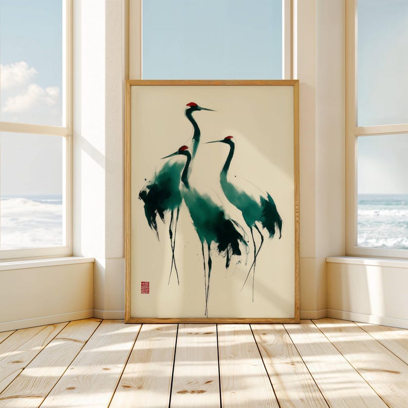 Minimalist Elegant Cranes | Vintage Poster | Asian Art Print | Japanese ...