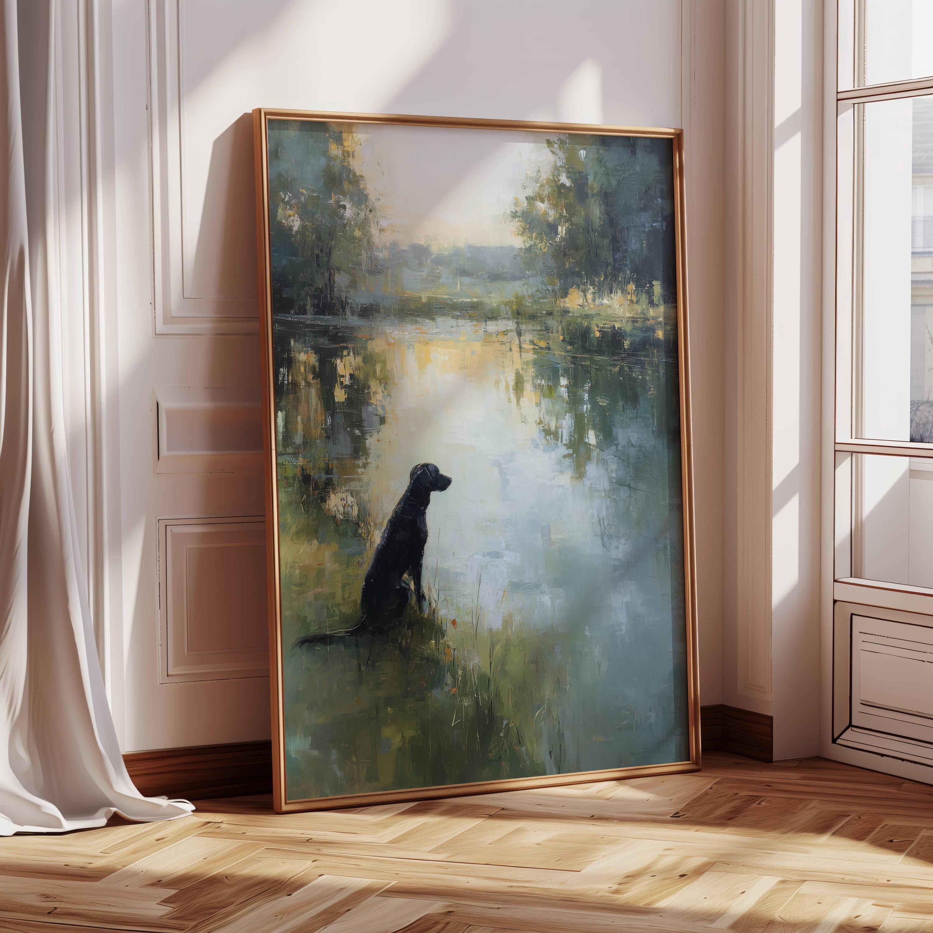 Vintage Black Labrador Painting by Pond | Impressionist Dog Print ...
