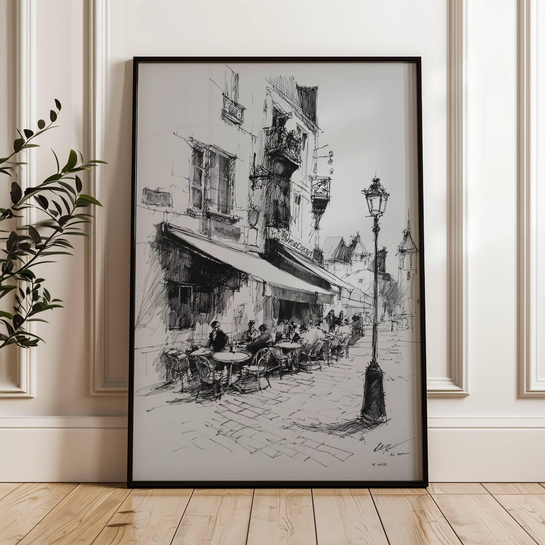European Cafe Sketch Print | Black and White Sketch | Line Drawing ...