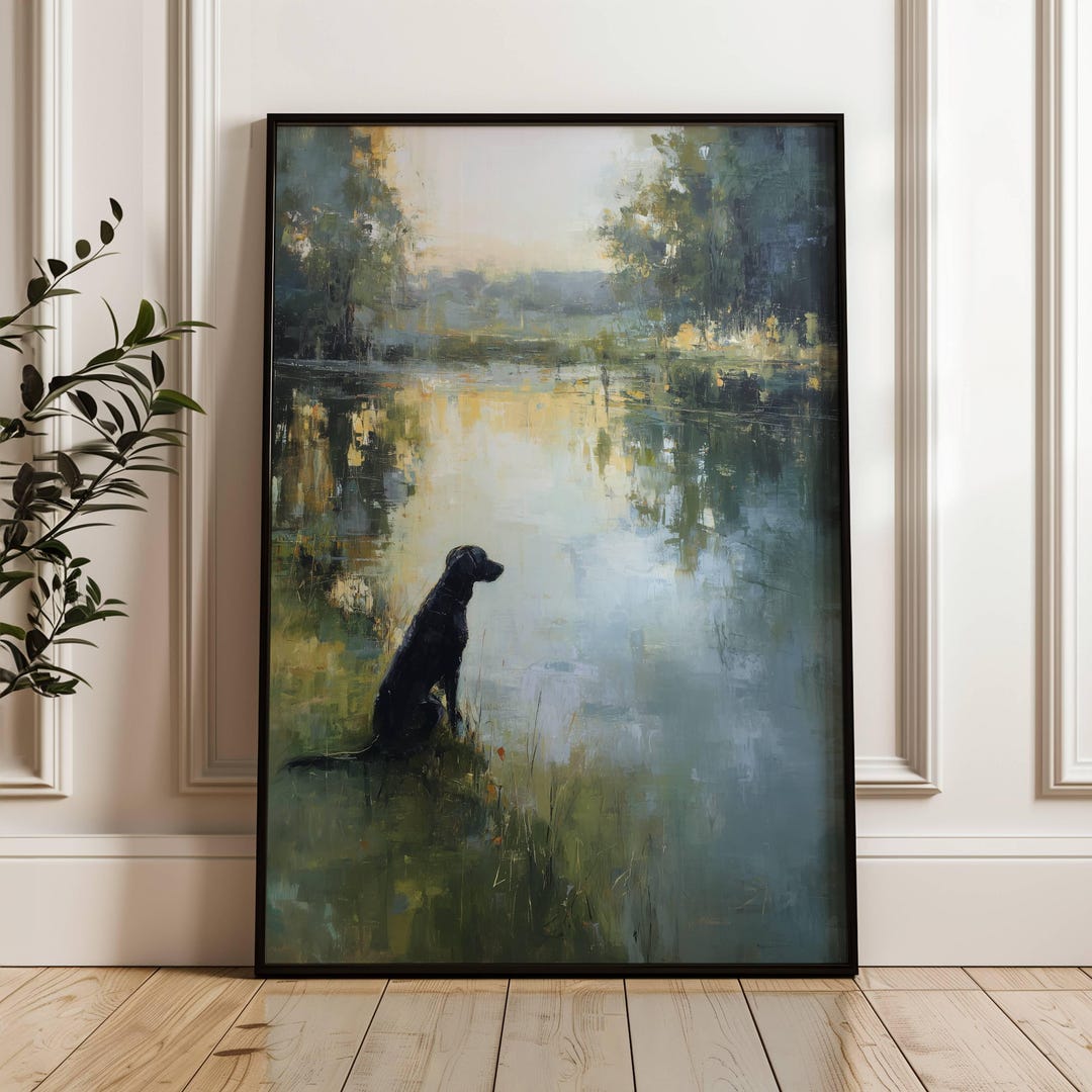 Vintage Black Labrador Painting by Pond | Impressionist Dog Print ...