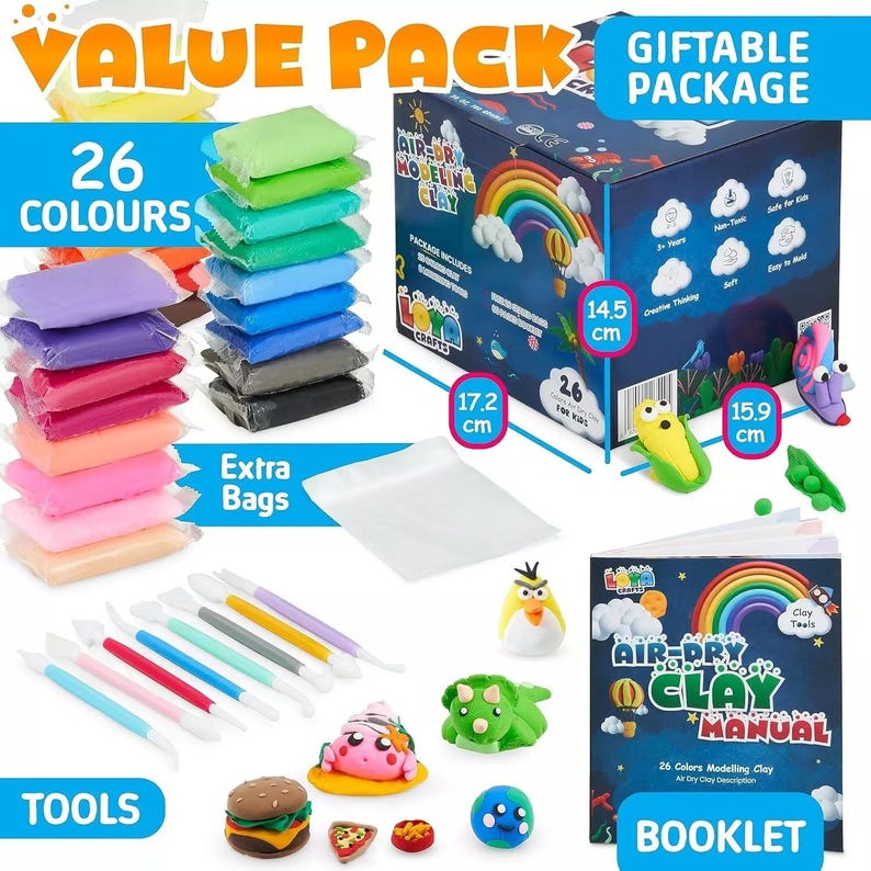 Air Dry Clay, 26 Colors Modelling Clay, 8 Tools, Booklet, Crafting Kits ...
