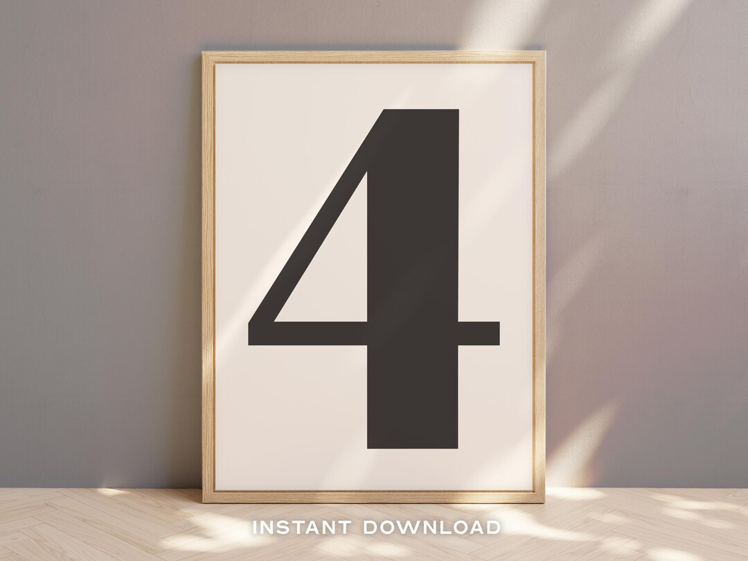 Simple Number 4 Print – Number Signs, Kids Wall Art, Black and White ...