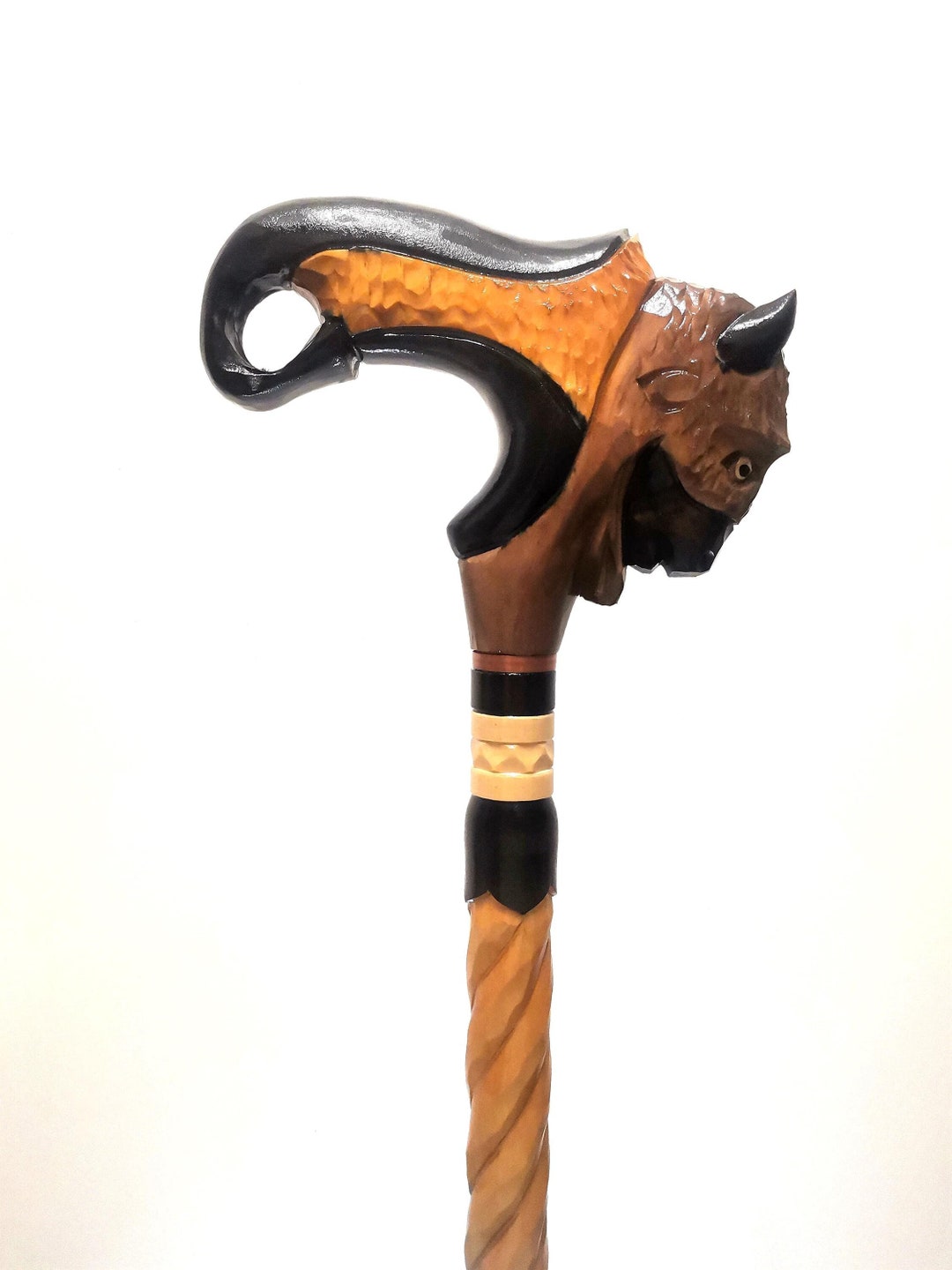 Bison Wooden Cane Walking Stick Support Canes Handle Handmade Hand ...