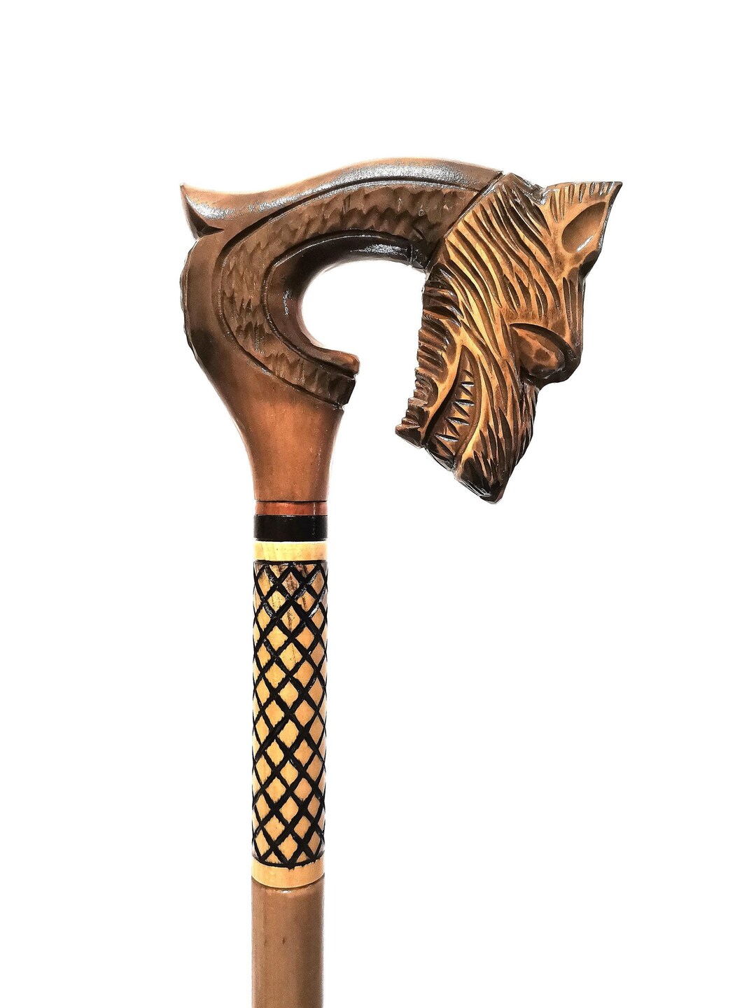 Wolf Gray Wooden Cane Walking Stick Support Canes Handle Handmade Hand ...