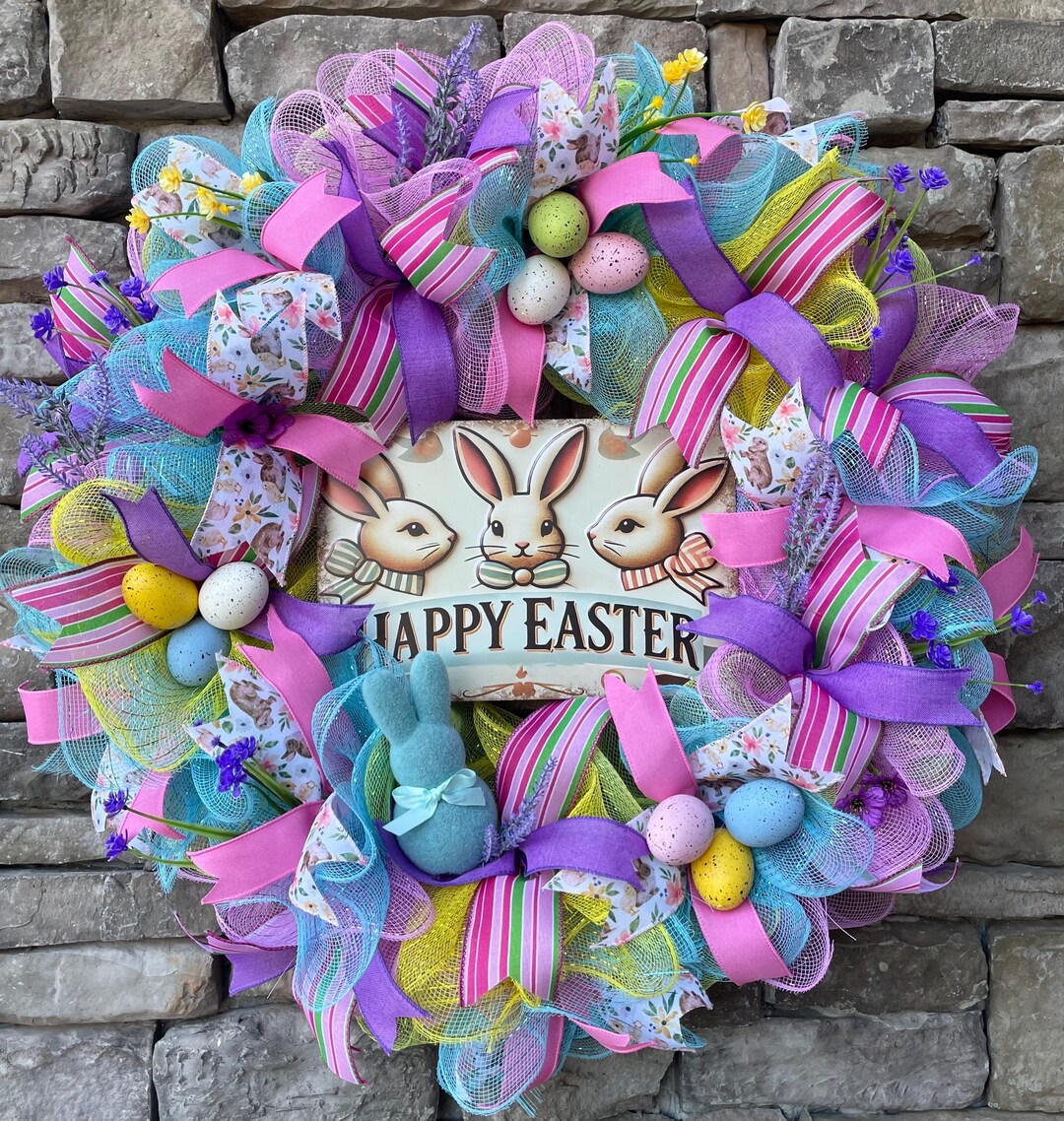 Large “happy Easter” Door Wreath, Easter Bunny Door Wreath, Bright ...