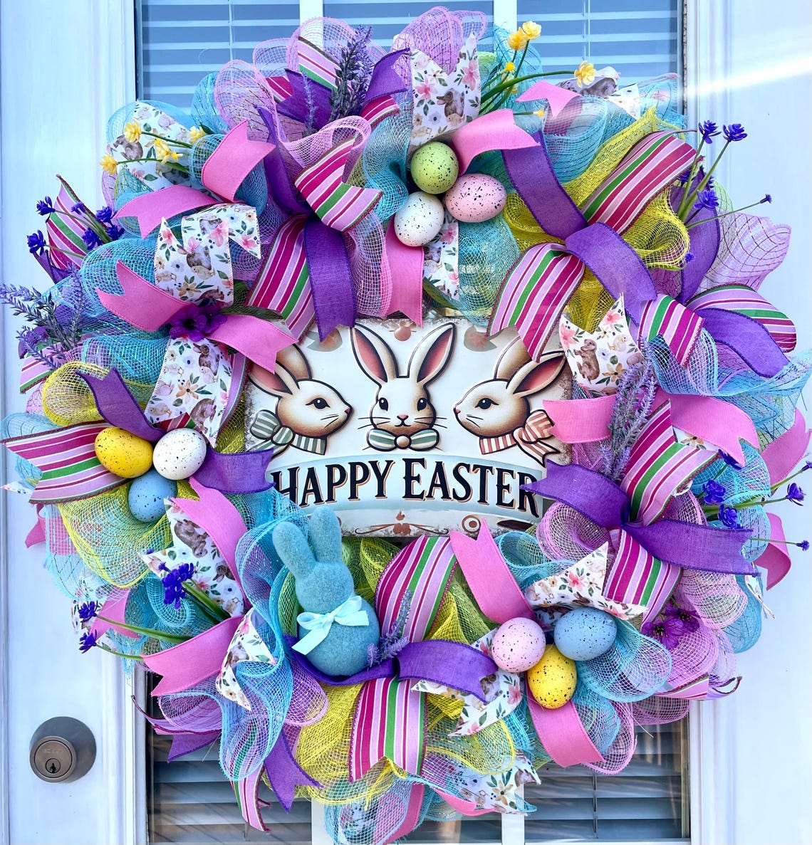 Large “happy Easter” Door Wreath, Easter Bunny Door Wreath, Bright ...