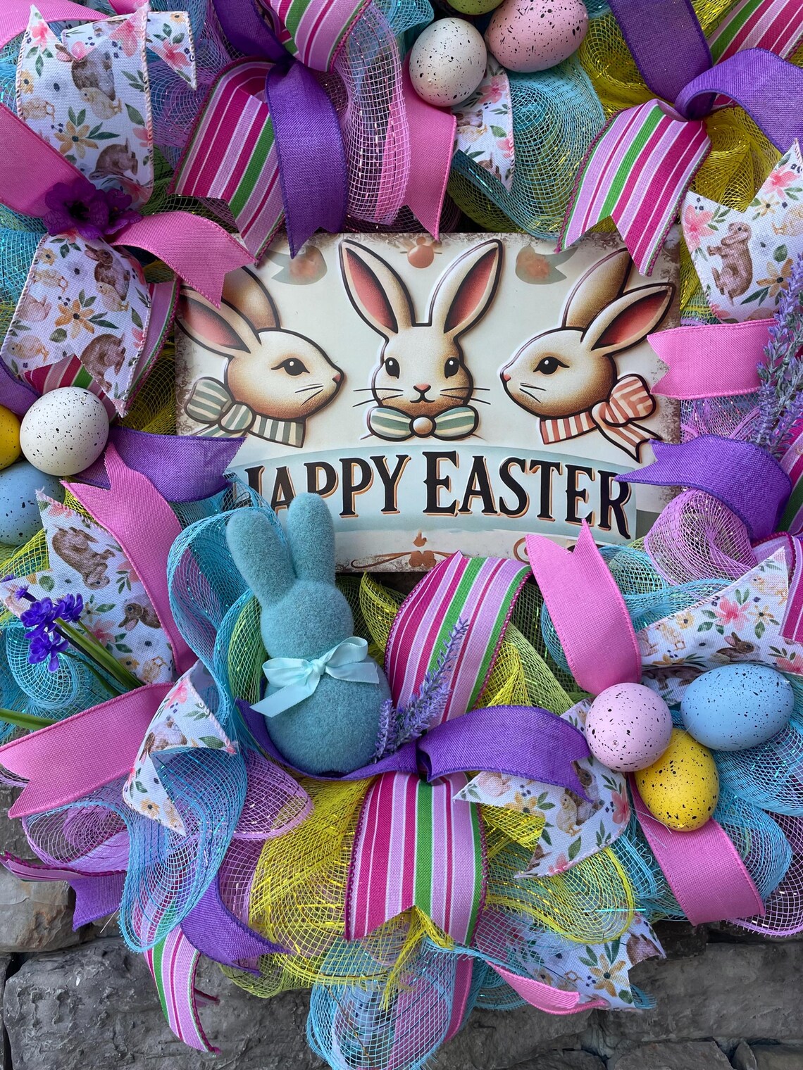 Large “happy Easter” Door Wreath, Easter Bunny Door Wreath, Bright ...