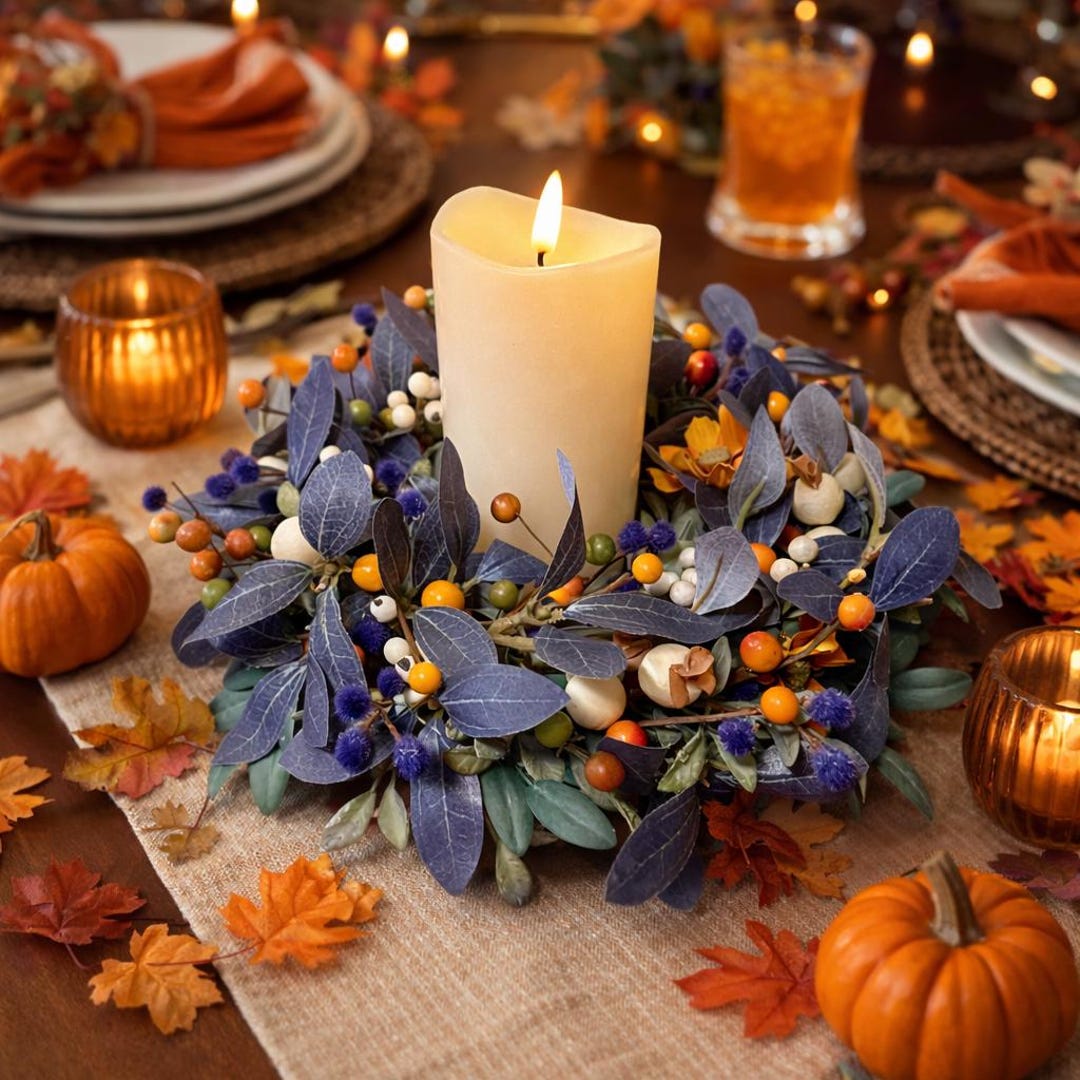 Mini Fall Wreath: Blue Autumn Greenery Candle Ring, 12" Farmhouse Style ...