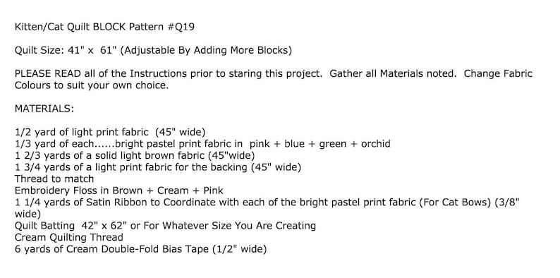 VINTAGE Cat Quilt Block, Kitten Block Sewing Pattern, Create Any Size ...