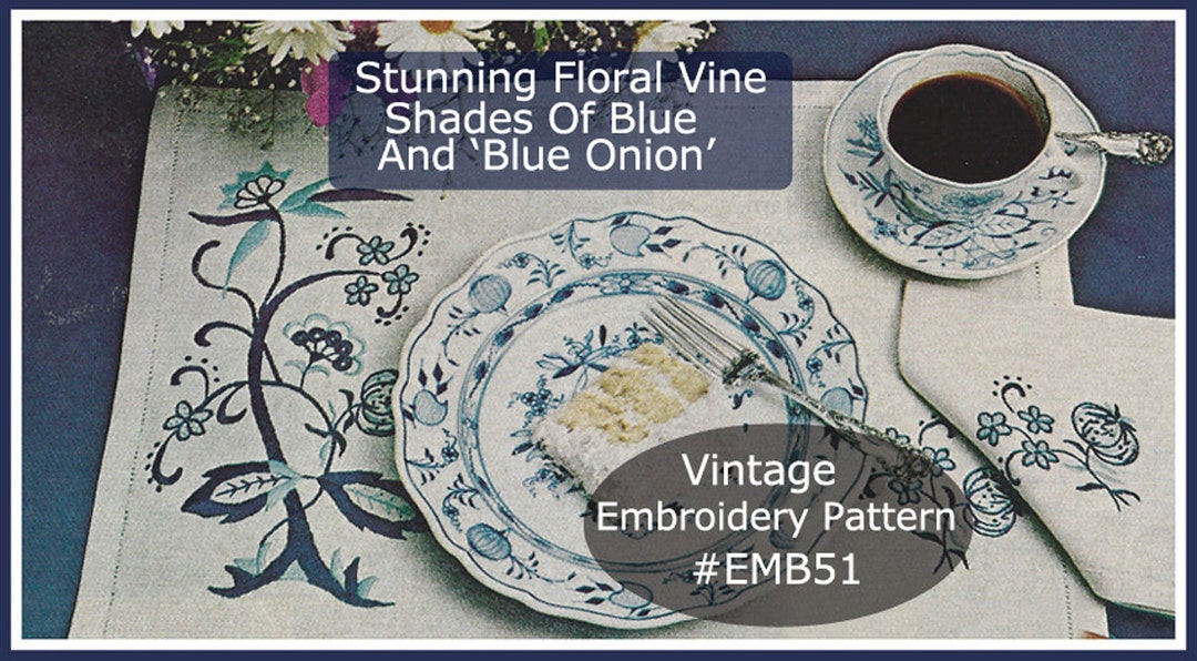 Linen Embroidery, Blue Onion Embroidery Design, Vintage Pattern ...