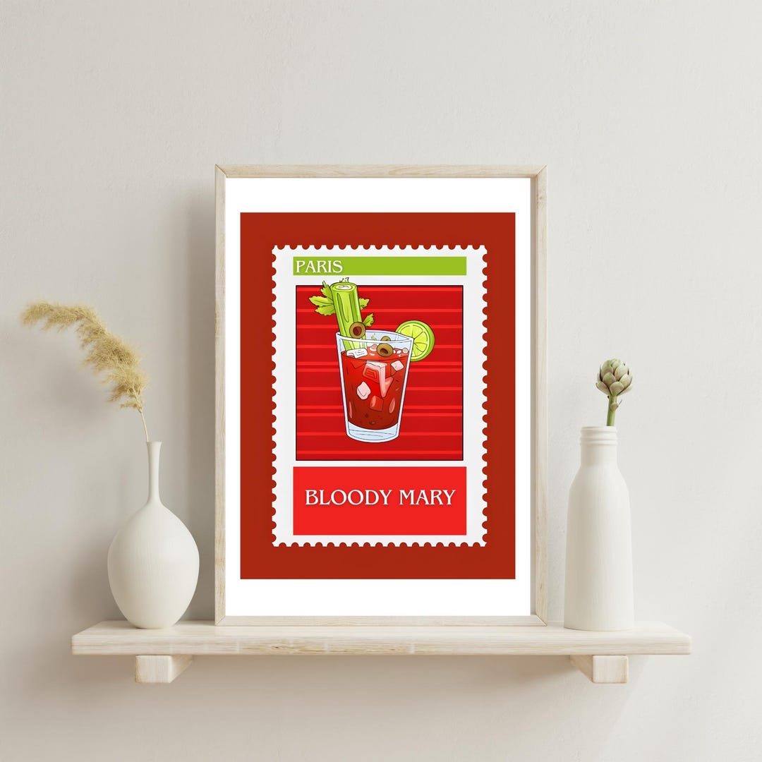 Retro Bloody Mary Stamp Art Print | Vintage-inspired Cocktail Wall ...