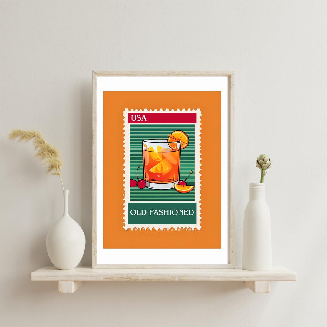 Retro Old Fashioned Stamp Art Print | Vintage-inspired Cocktail Wall ...
