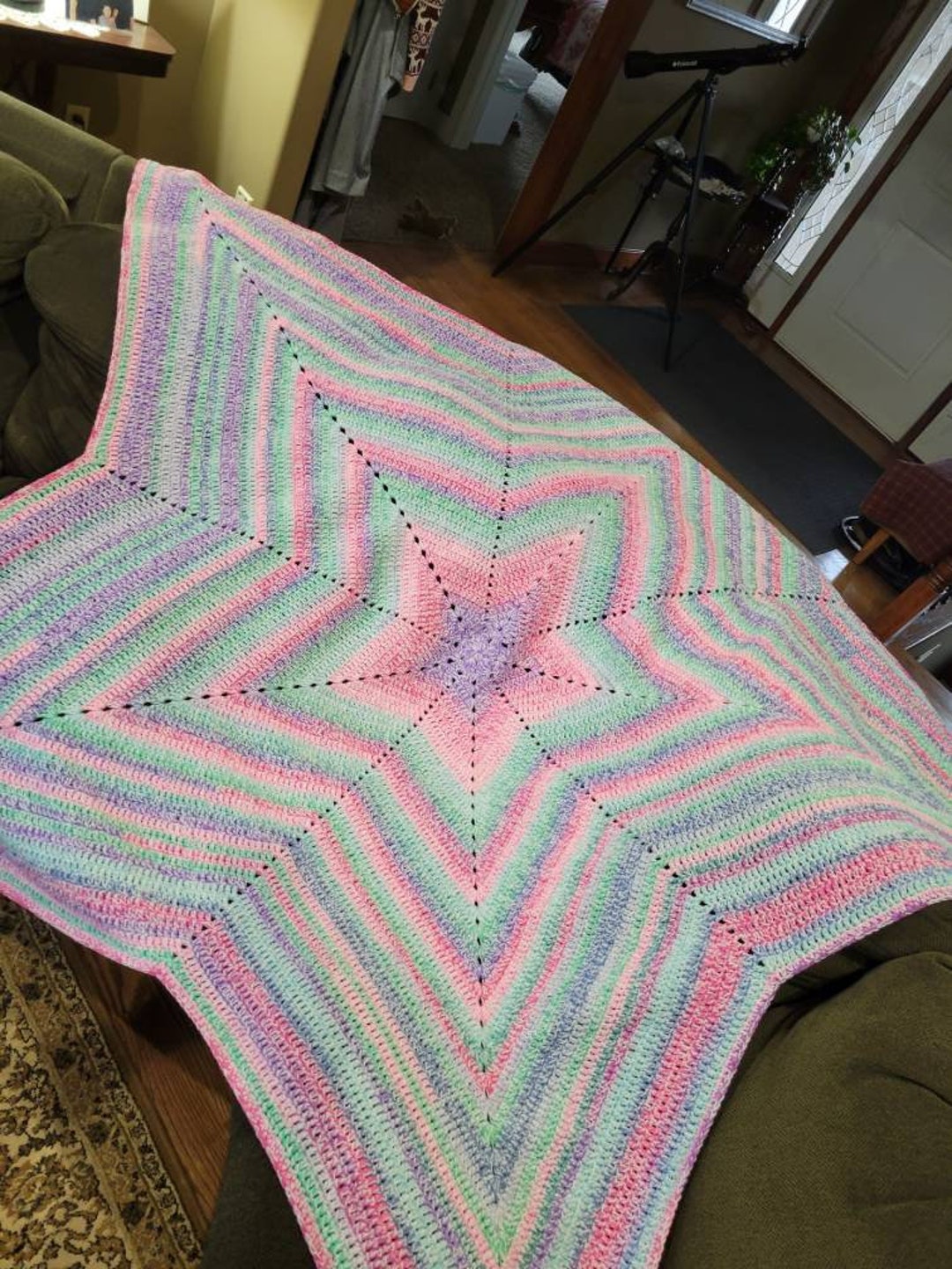 HUGE Crochet Star Afghan Bright Pastel and Silver Thread 90 Inches ...