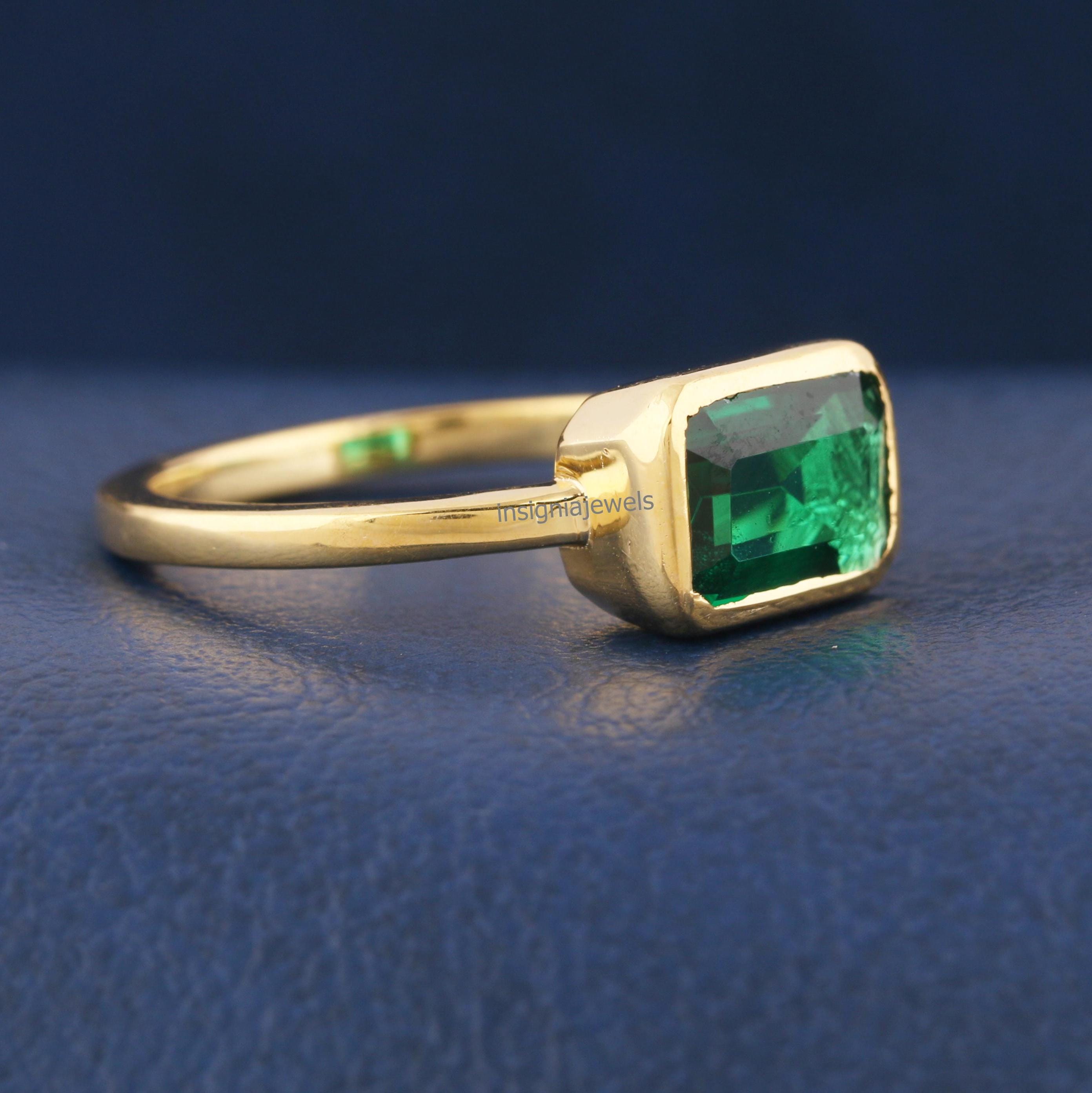 14k Gold Emerald Ring, East West Setting, Emerald Engagement Ring ...