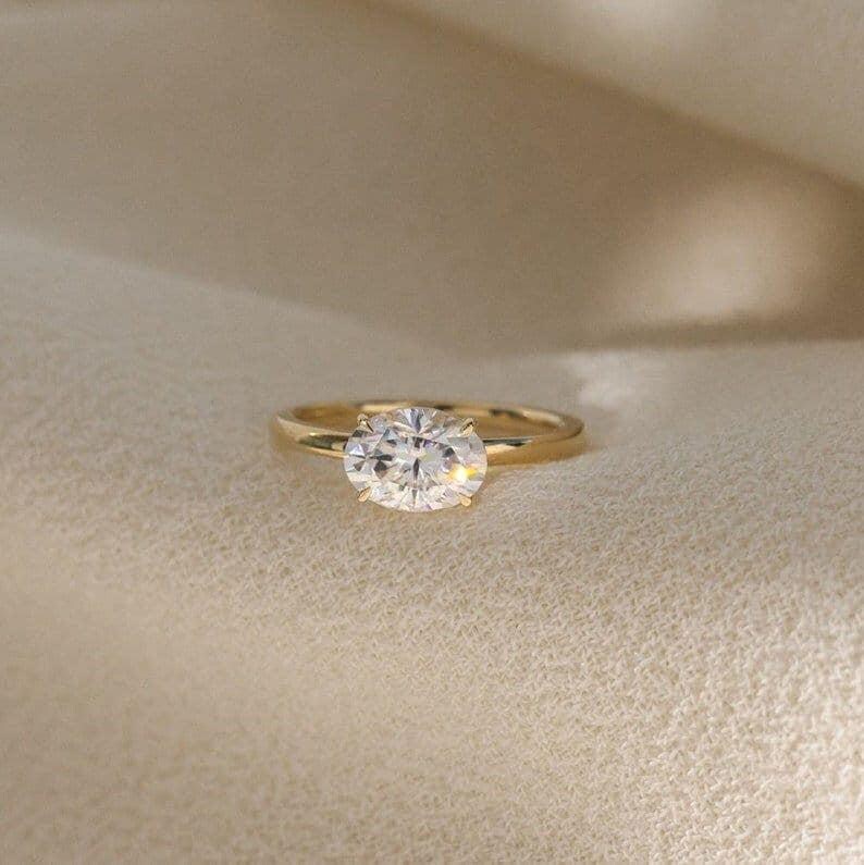 Oval East to West Engagement Ring, Oval Horizontal Ring, 18K Gold ...
