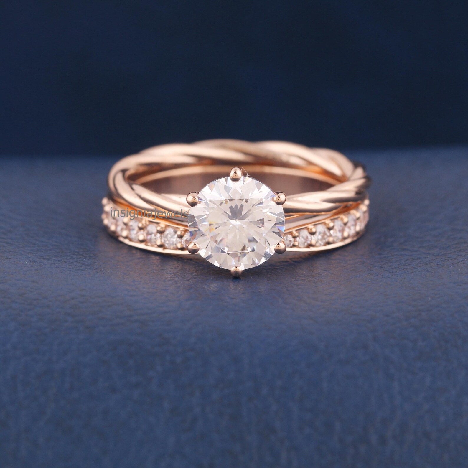 Twisted Bridal Ring Set, Solitaire Round Lab Grown Diamond Twisted Ring ...