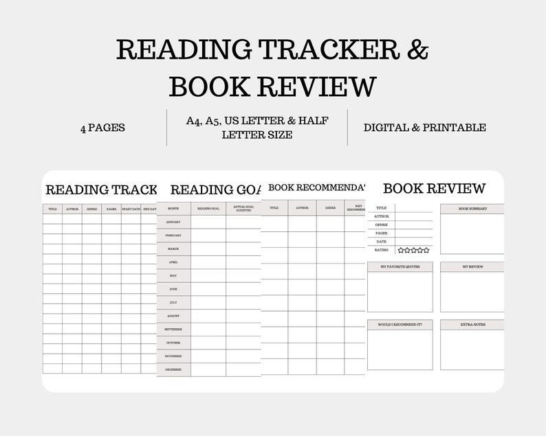 Printable Reading Tracker A4, A5, US Letter, Half Letter Sizes ...