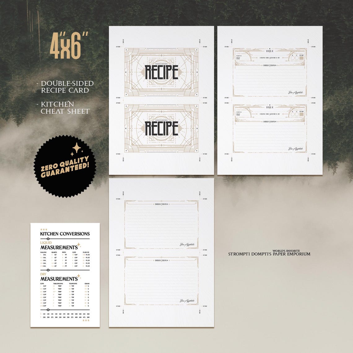 Art Deco Recipe Cards With Bonus Kitchen Cheat Sheet - Etsy