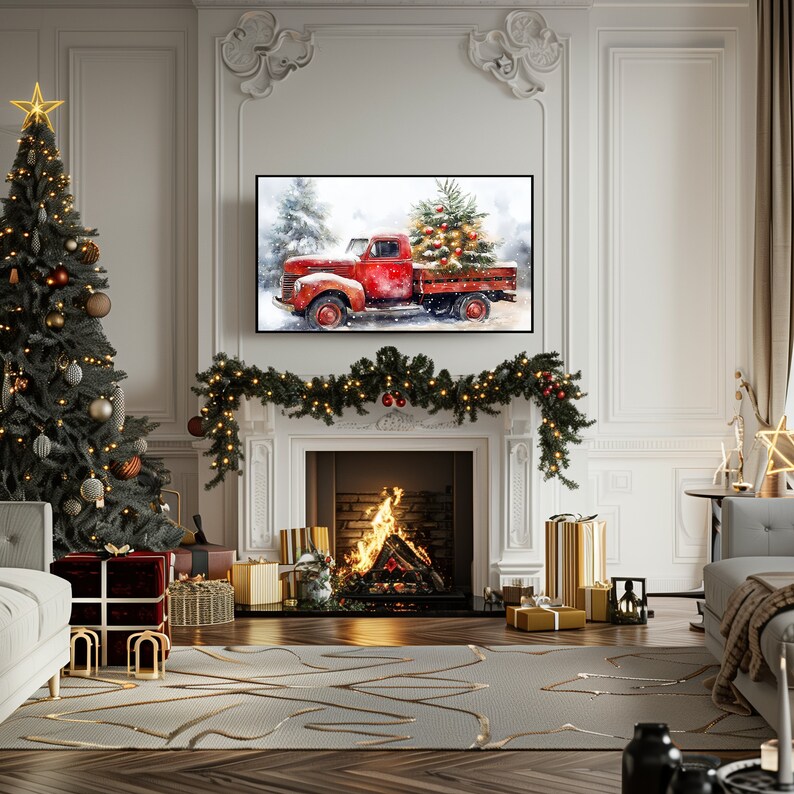Vintage Christmas Truck Red samsung Frame TV Art Holidays Decor Winter ...