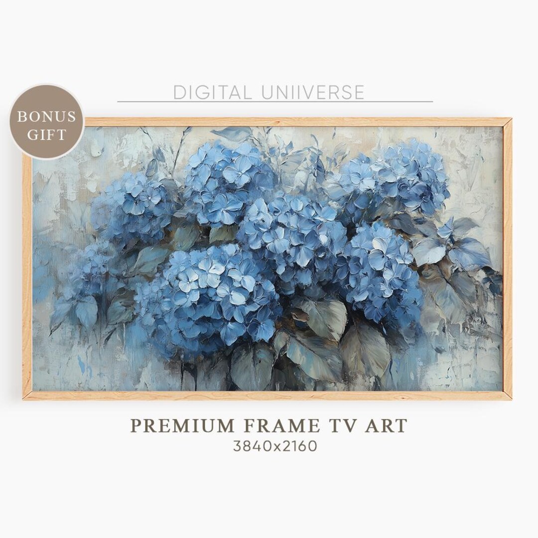 Blue Oil Painting Hydrangea Flower Samsung Frame TV Art, Vintage Style ...