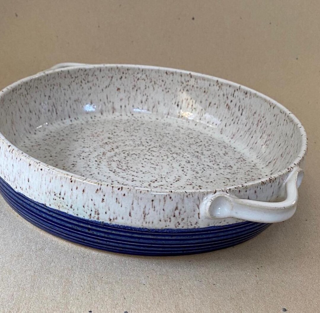 Cobalt Blue and Speckled White 10 Inch Flat Shallow Dish With Handles ...