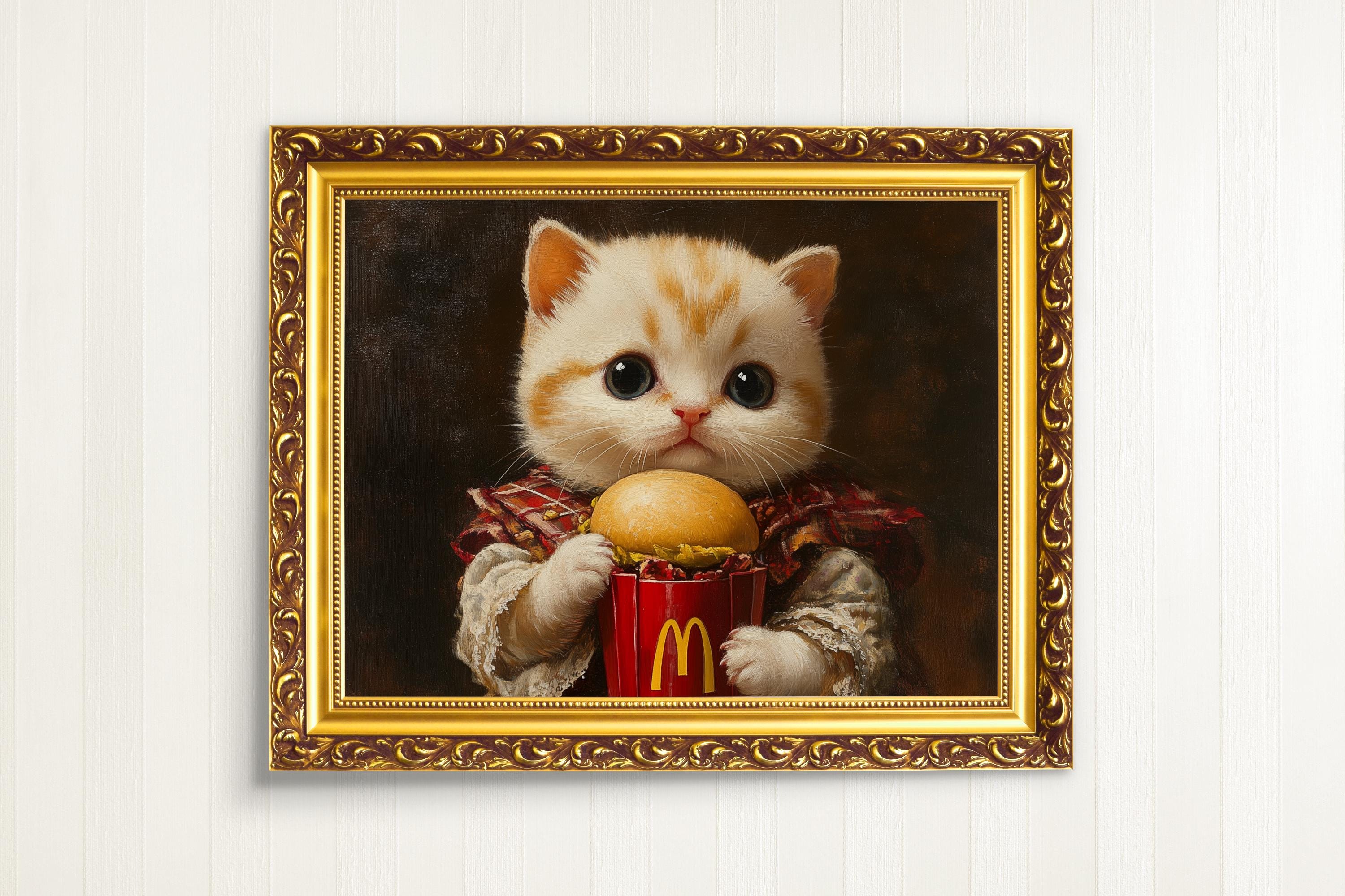 Cat With Mcdonald's , Cat Eating Mcdonald's, Humorous Cat Art ...