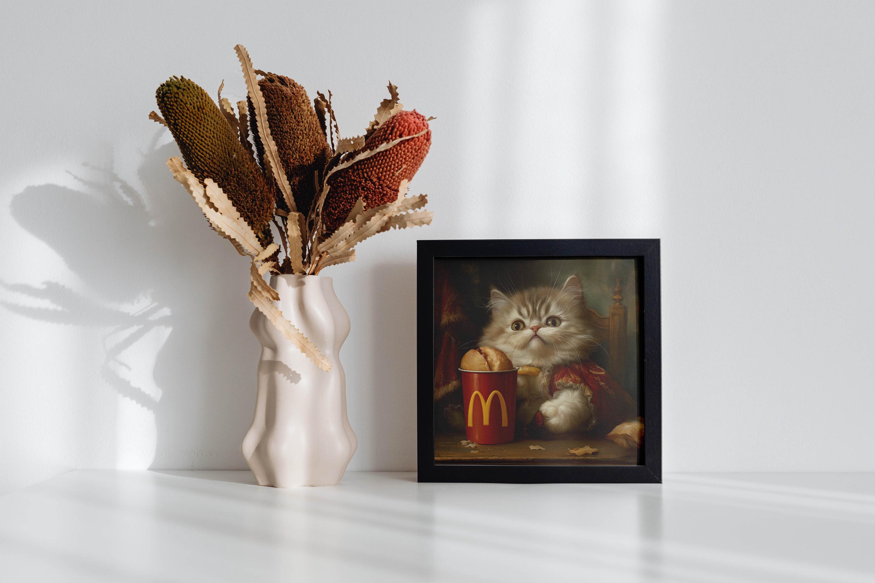 Cat With Mcdonald's , Cat Eating Mcdonald's, Humorous Cat Art ...