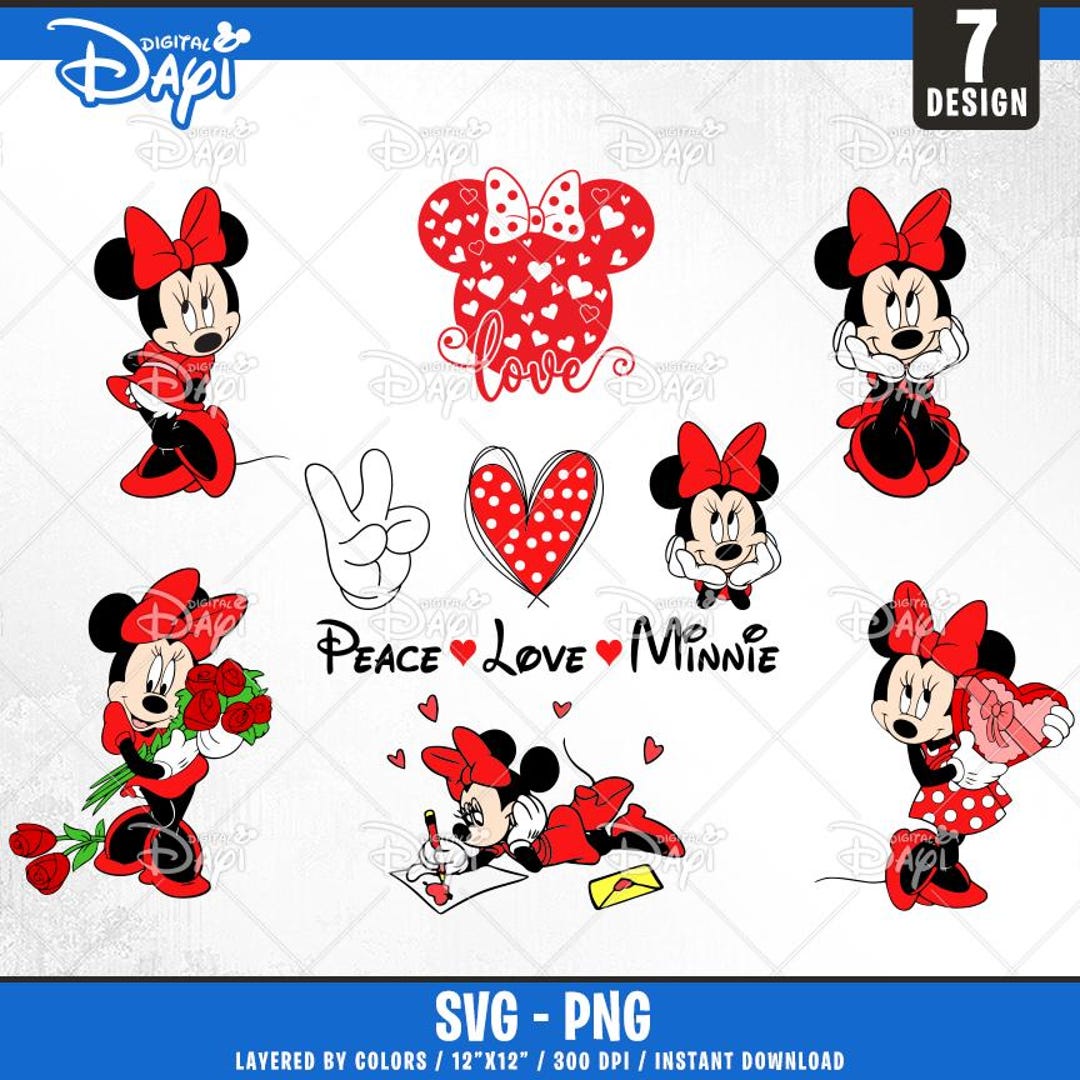 Minnie Mouse Valentine SVG Bundle: Peace Love Hearts, Cricut Cut Files ...