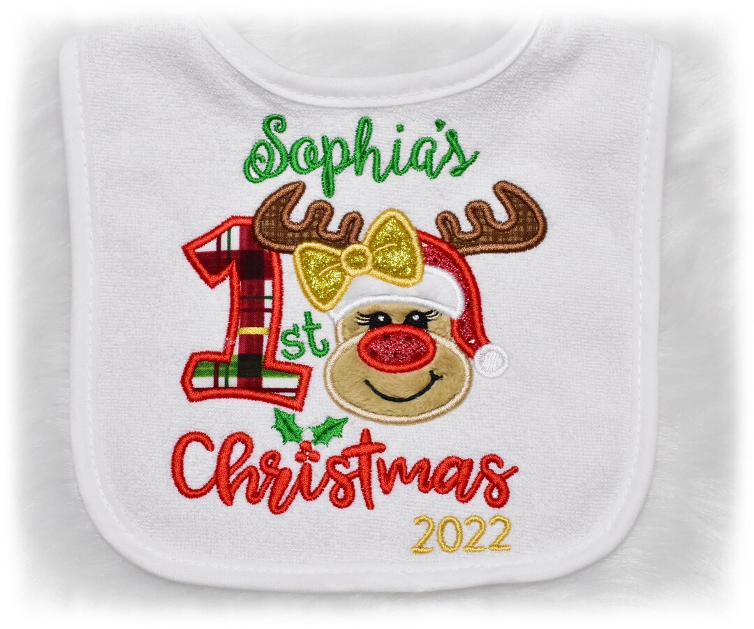 First Christmas Bib, Girl's First Christmas Bib, Reindeer Christmas Bib ...