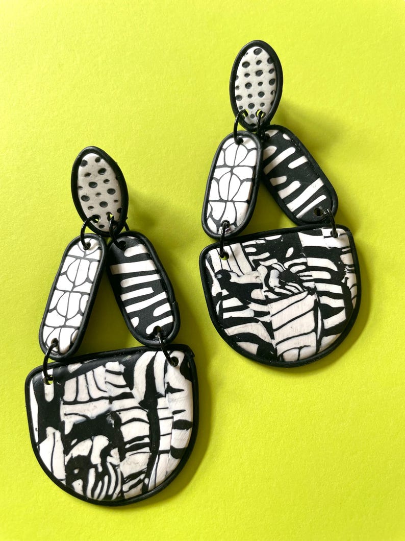 Asymmetric Polymer Clay Statement Earrings Art Deco Modern Bold Color ...