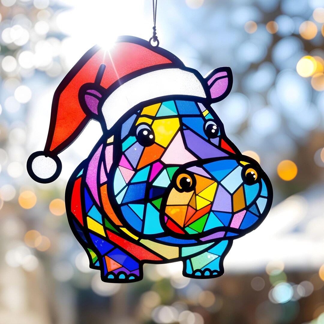 Moo Deng Hippo Santa Glass Suncatcher Festive Acrylic Ornament With ...