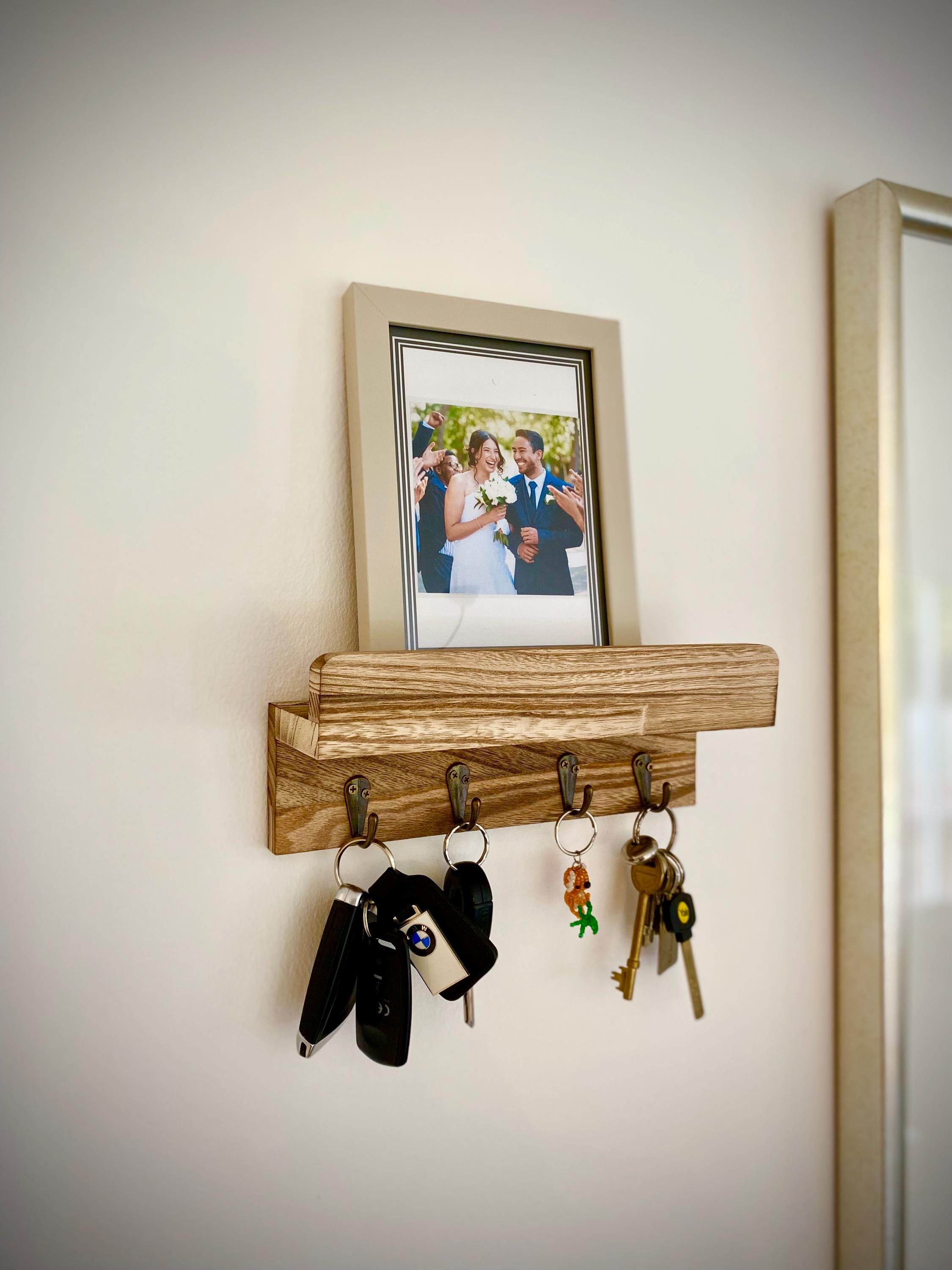 Rustic Farmhouse Wooden Key Hook With Shelf - Wall Mounted Entryway ...