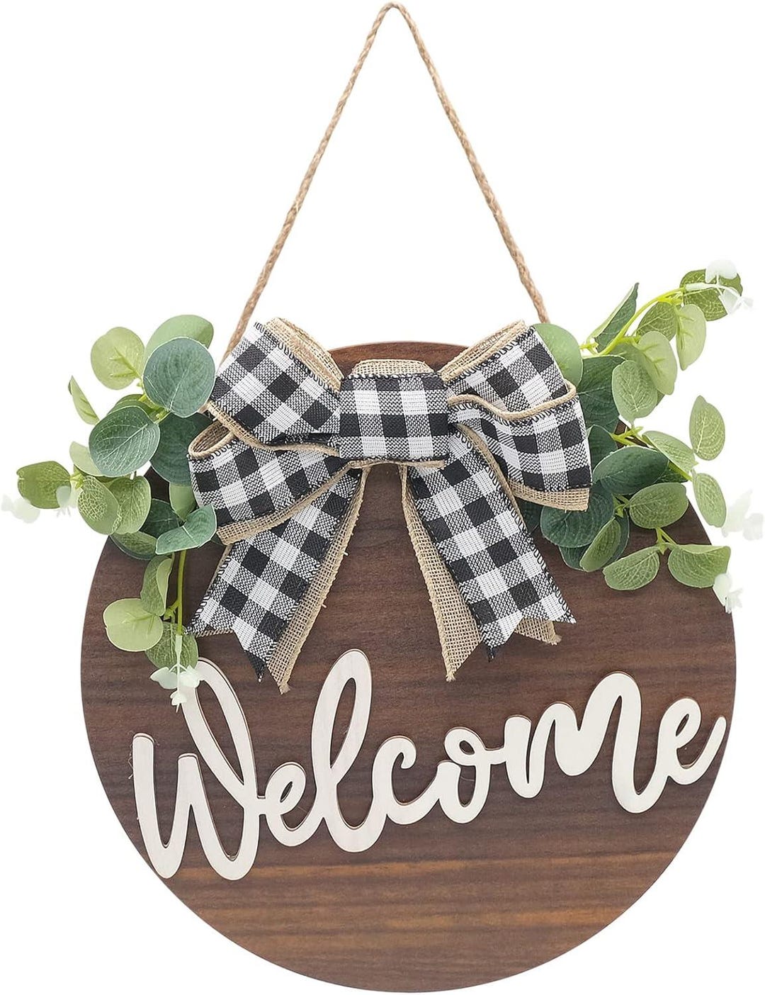 Handmade Round Wooden Welcome Sign for Front Door, With Flowers & Bow ...