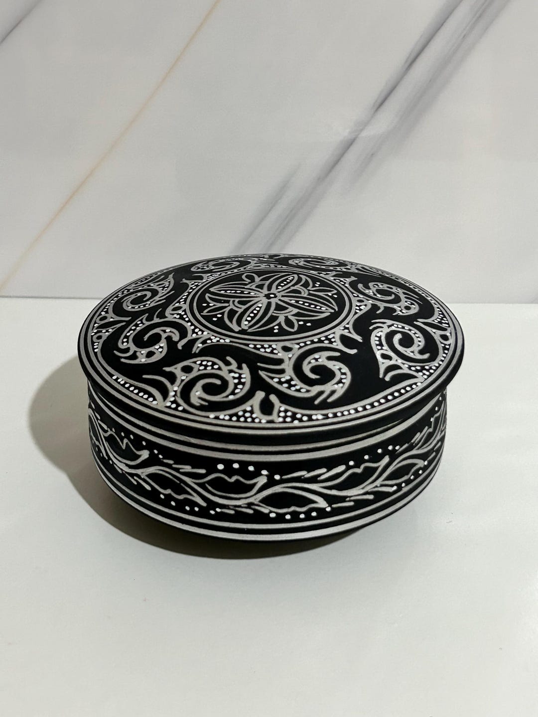 Hand-painted Ceramic Keepsake Box: Black and Silver Floral Design - Etsy