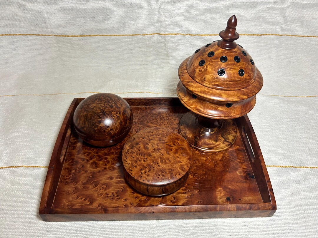Thuya Wood Set: Tray, Incense Burner, Round Box, Small Bowl. Elegant ...
