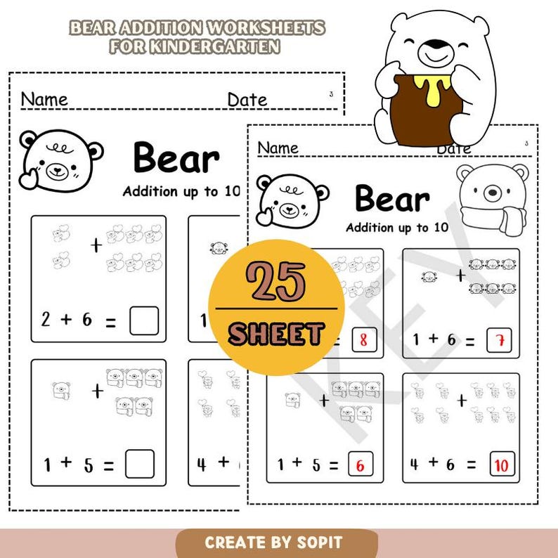 Bear-themed Addition Worksheets – Numbers up to 10 – 25 Pages With ...