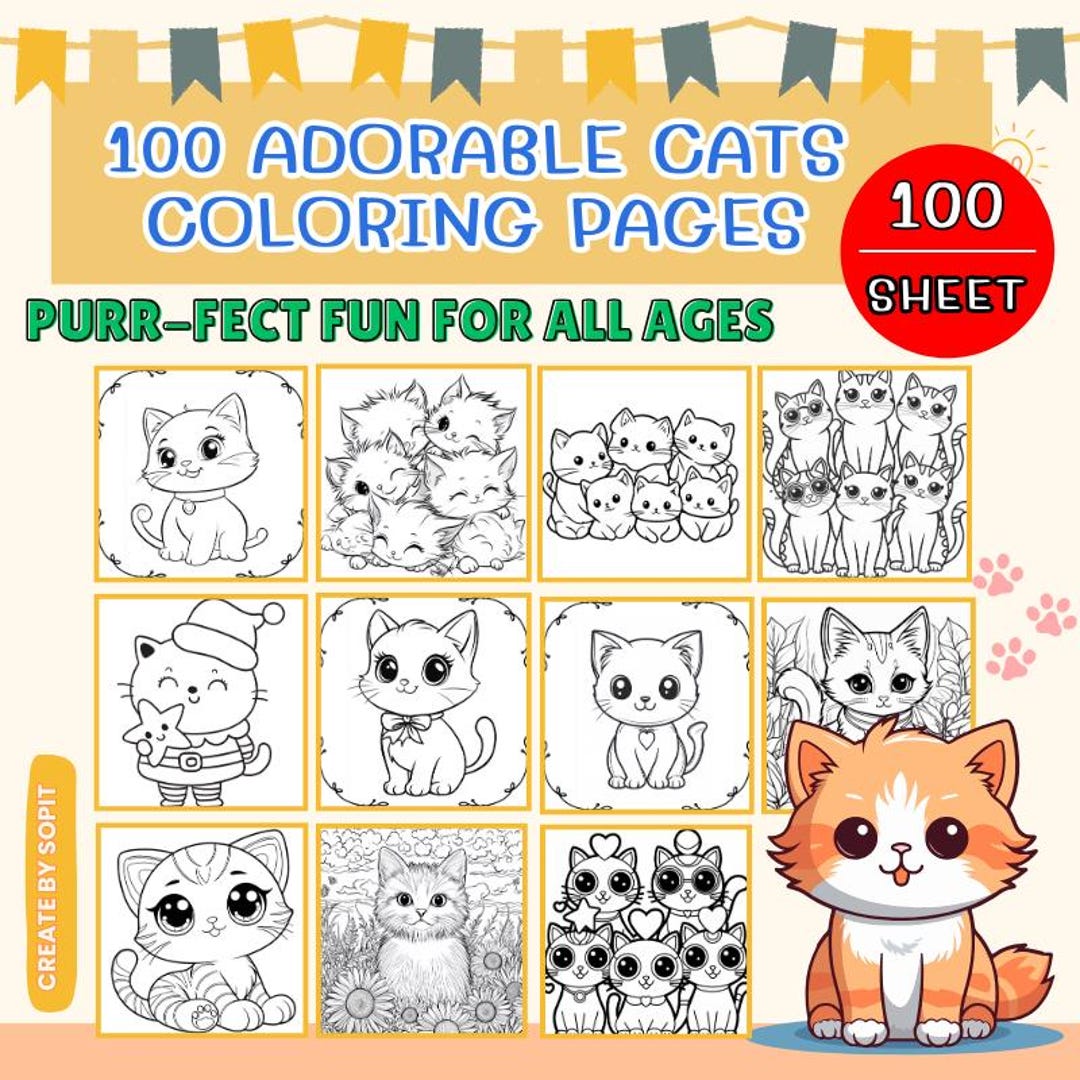 100 Adorable Cats Coloring Pages: Purr-fect Fun for All Ages - Etsy