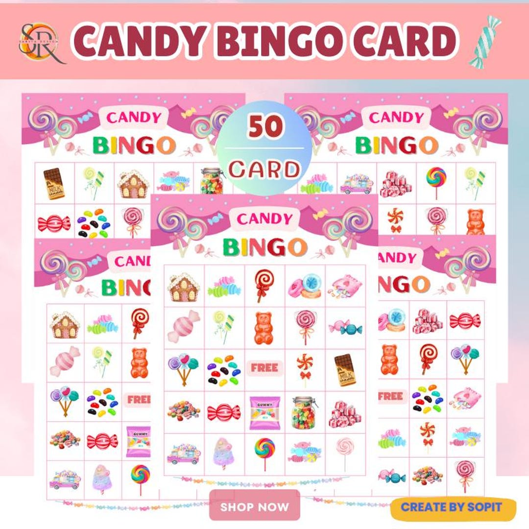 Candy-themed Bingo Set: 50 Full-page and Half-page Cards With Calling ...