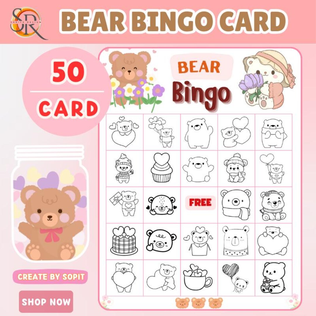Printable Bear-themed Bingo Game – 50 Unique Cards With Half-page ...