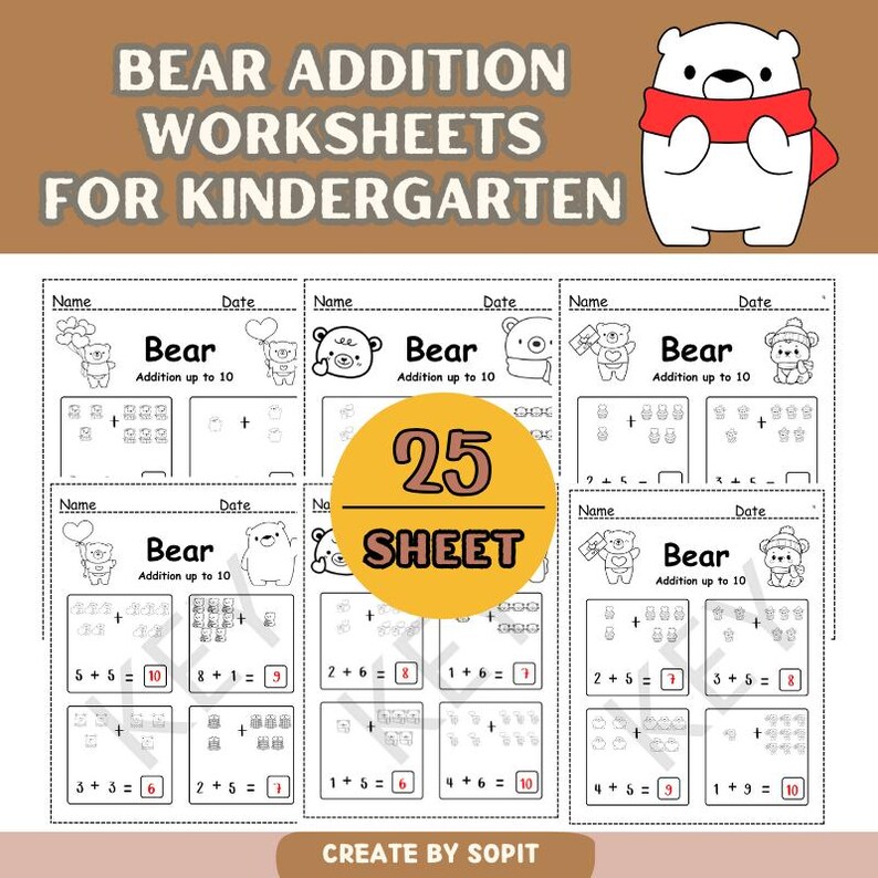 Bear-themed Addition Worksheets – Numbers up to 10 – 25 Pages With ...
