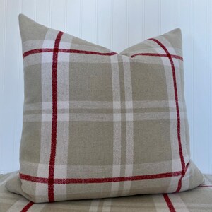 Deep Red Beige and White Plaid Wool Blend Decorative Designer Pillow ...