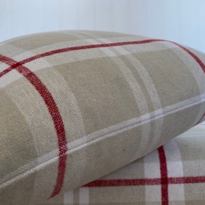 Deep Red Beige and White Plaid Wool Blend Decorative Designer Pillow ...