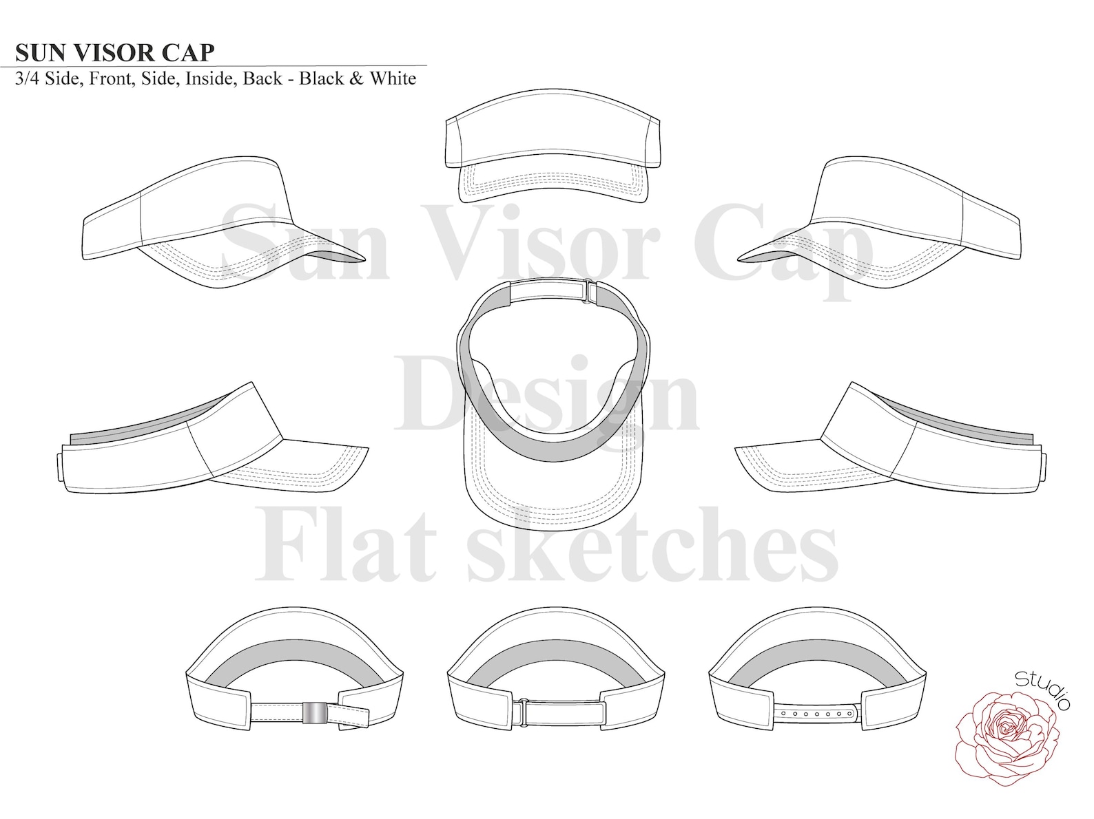 Sun Visor Cap Design – Flat Sketches, Technical Drawings, Vector ...