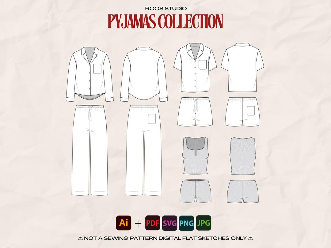 3 Set Pajama Design Pack – Flat Sketches, Technical Drawings, Vector ...