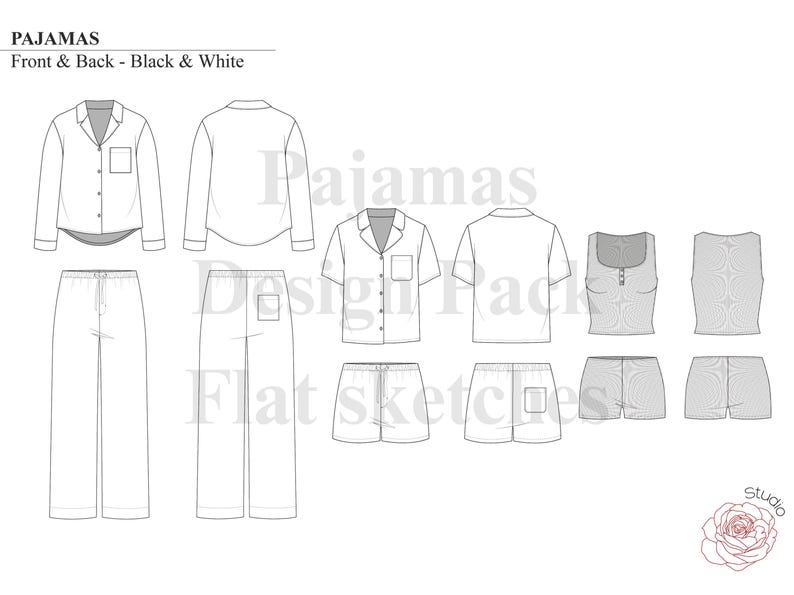 Pajama Design Pack – Flat Sketches, Technical Drawings, Vector ...