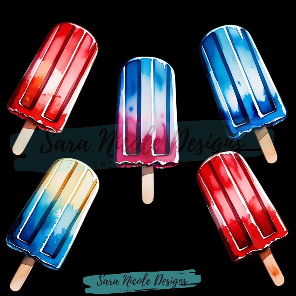 American Watercolor Popsicles Clipart - 5 Different Individual ...