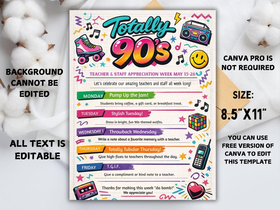 80s 90s Theme Teacher Appreciation Week Itinerary Take Home Flyer ...