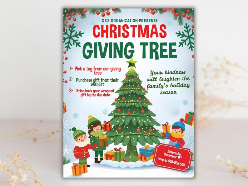 Christmas Giving Tree Fundraiser Flyer | Angel Tree Charity Poster ...